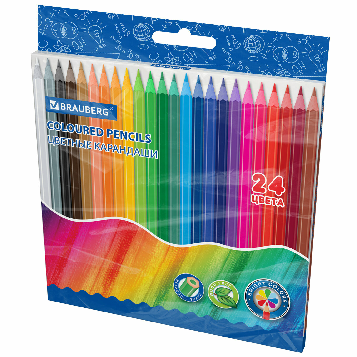 Карандаши цветные Brauberg 24 шт, цветной корпус, ПВХ-бокс, шестигранные
