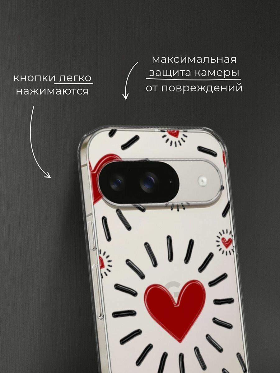 Чехол на Google Pixel 9 / Гугл Пиксель 9 с принтом "Бордовые сердца паттерн" — фото 1