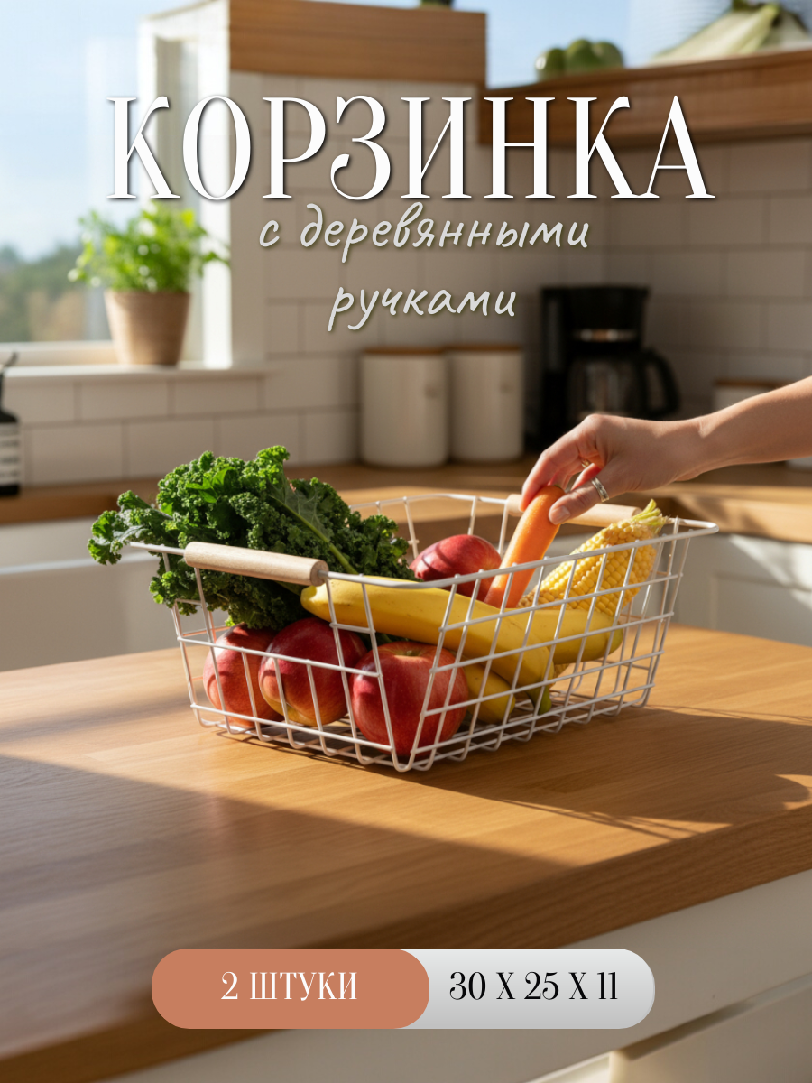 Органайзер для хранения, Корзина для хранения с деревянными ручками, белая матовая, 310х235х100, набор 2 шт