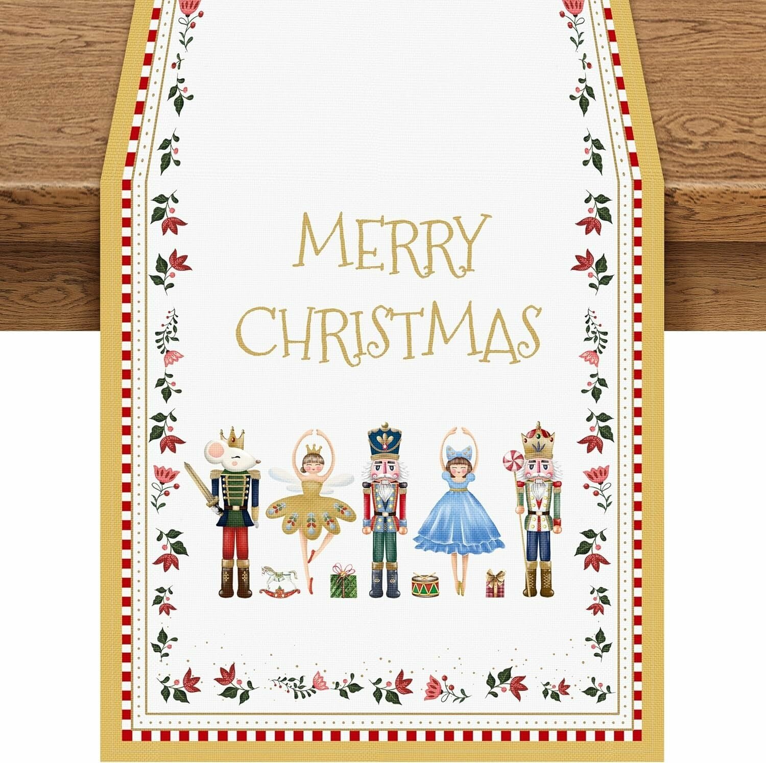 Рождественский льняной флажок на столе: Щелкунчик танцует с балеринами, атмосфера праздника насыщена