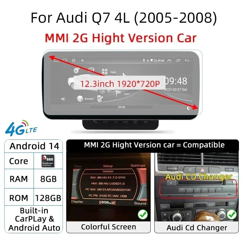 Автомобильный экран Android 14 для Audi Q7 4L 2005-2015 GPS Navi Мультимедийное стерео 8 + 128 ГБ ОЗУ 5G WIFI Carplay Qualcomm 8 Core 8G128 MMI 2G 05-08
