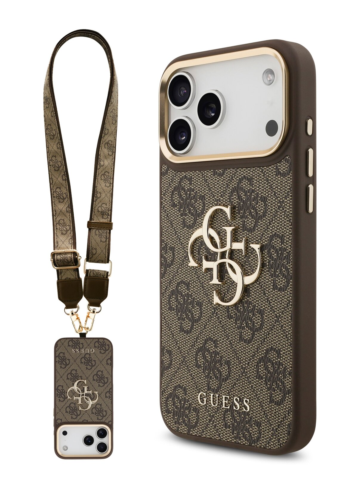 Guess чехол с ремешком для iPhone 17 Pro, Crossbody PU кожа 4G Big metal logo Gold camera, коричневый
