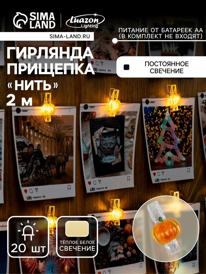 Гирлянда Нить 2 м, роса с насадками Прищепки-тыквы , IP20, серебристая нить, 20 LED, батарейки ААх2, свечение тёплое белое