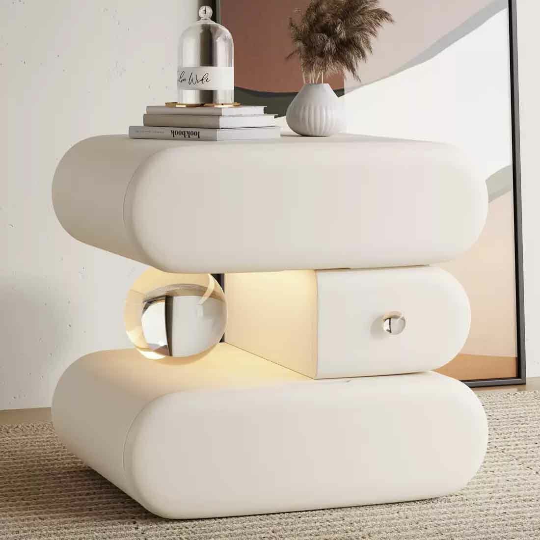 Дизайнерская прикроватная кожаная тумбочка с подсветкой Crystal Ball, белая, 3 ящика (45x40x55 см, правая)