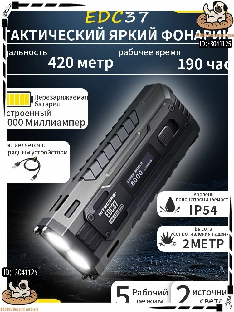 Мощный фонарь 8000 люмен NITECORE EDC37 Дальность 420 м Аккумулятор 8000 мАч