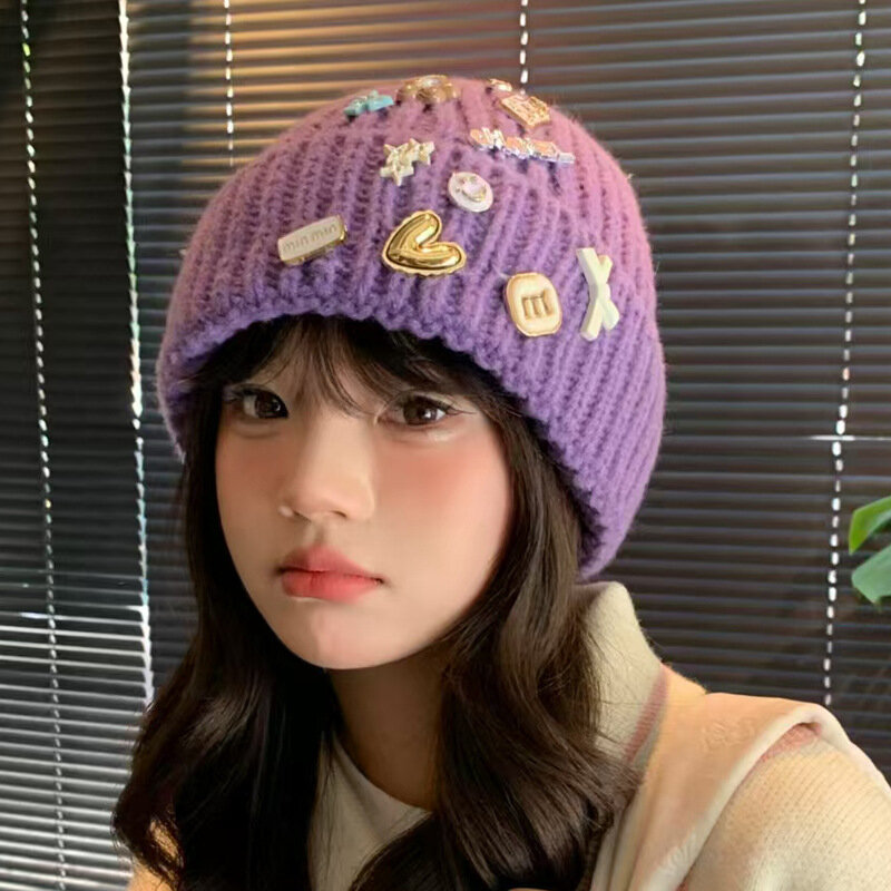 Милая дизайнерская шерстяная шапка для женщин осенью и зимой, большая окружность головы, небольшая шерстяная шапка, открывающая лицо, защита от холода, защита ушей, пуловер от холода.