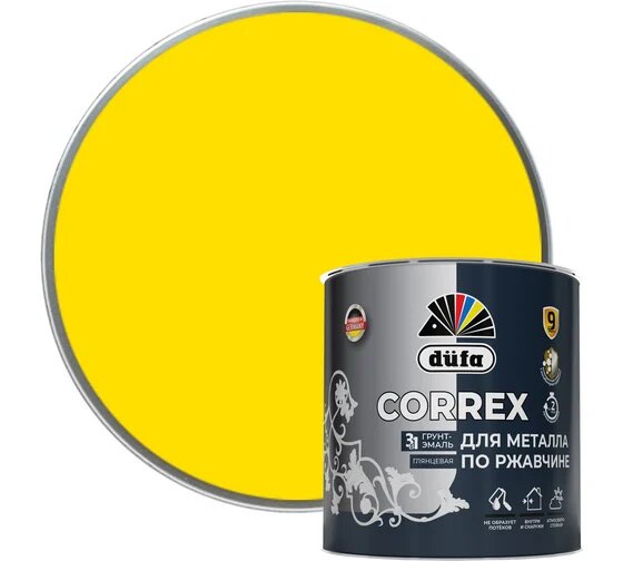 Dufa Грунт-эмаль по ржавчине гладкая Correx 3 в 1 RAL-1021 желтый 2 л