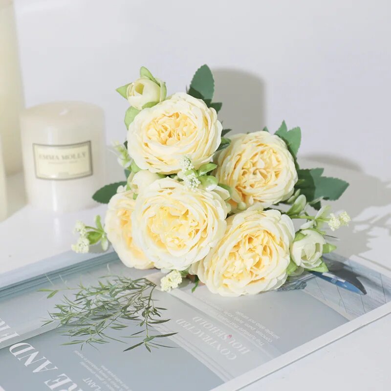 Искусственные цветы шелковые розы пионы букет 5 головок 4 бутона Белый, Champagne