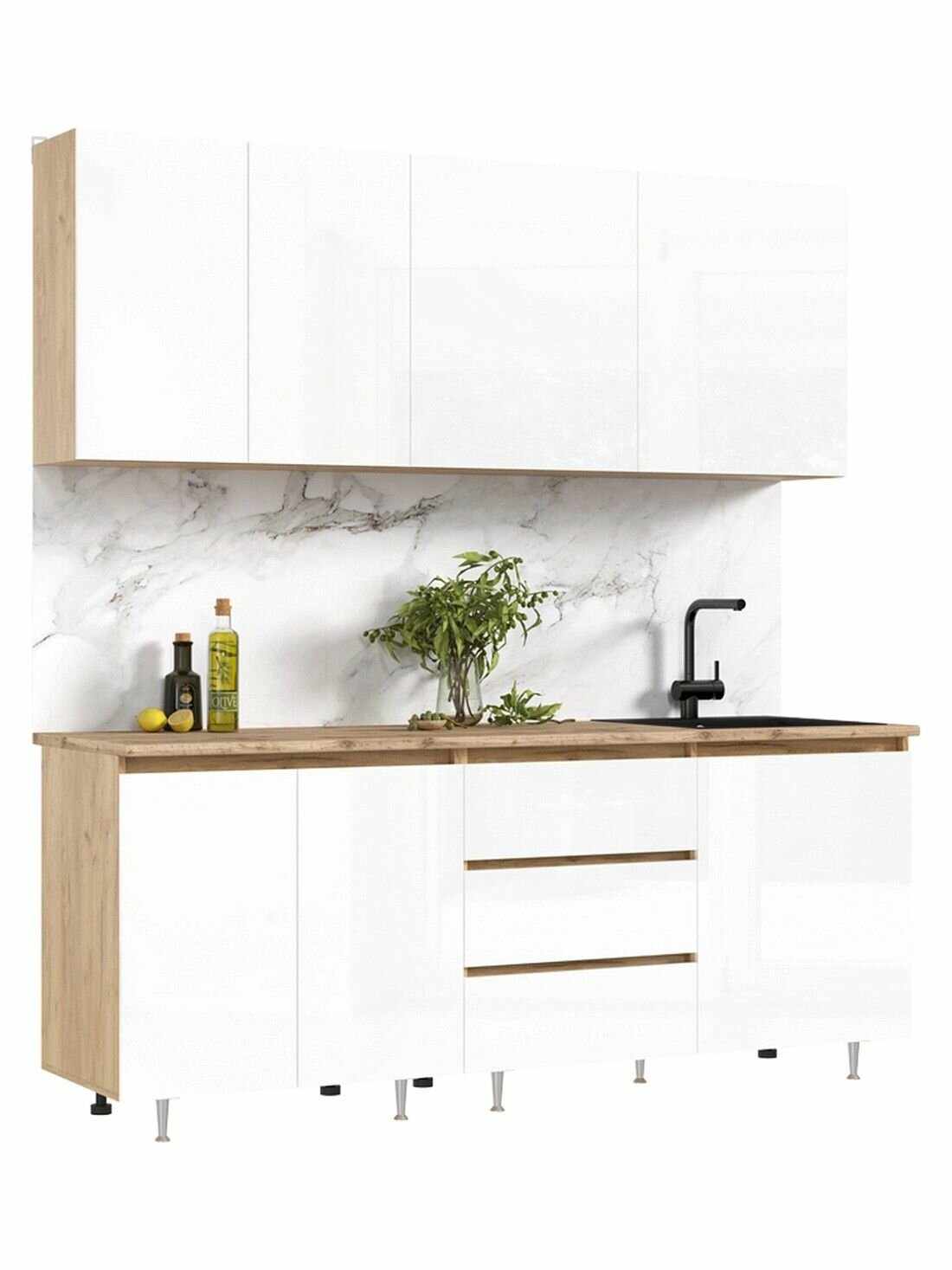 Кухня Челси 2,0м Компоновка №2 (Белый глянец, Дуб Крафт (Дуб вотан))