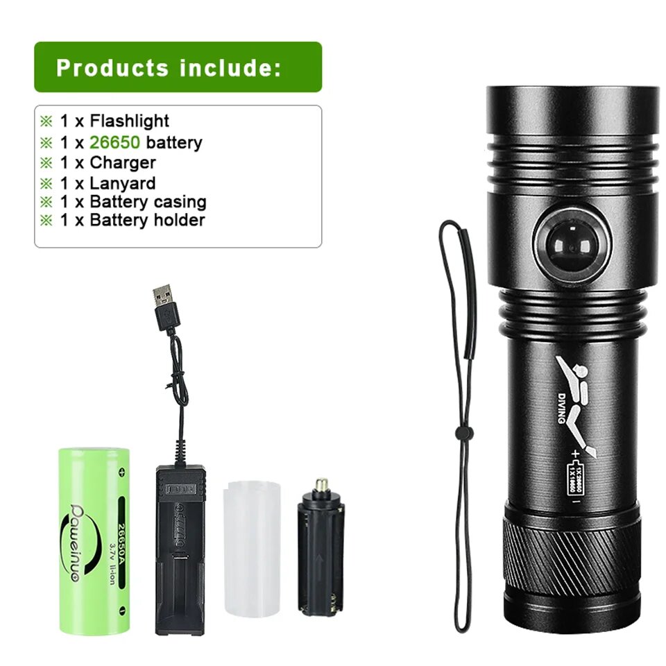 Профессиональный подводный фонарь Dual P50 белый+желтый свет C-26650 battery