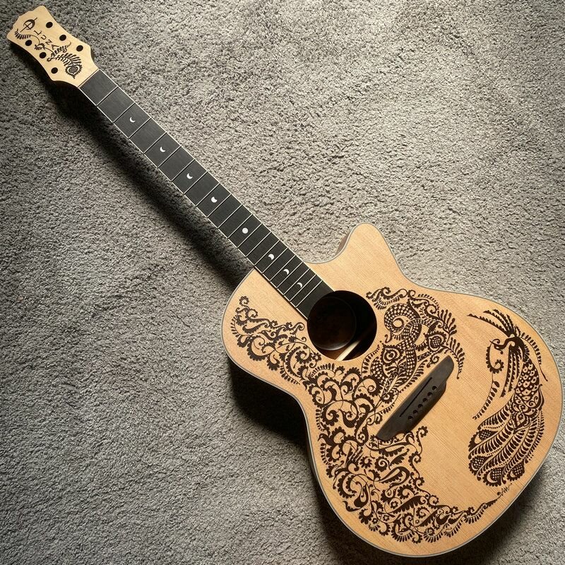 40" акустическая гитара-полуфабрикат LUNA (США) для DIY: верхняя дека из ели, корпус из красного дерева, с резными узорами, без металлической фурнитуры, вариант под электроакустику
