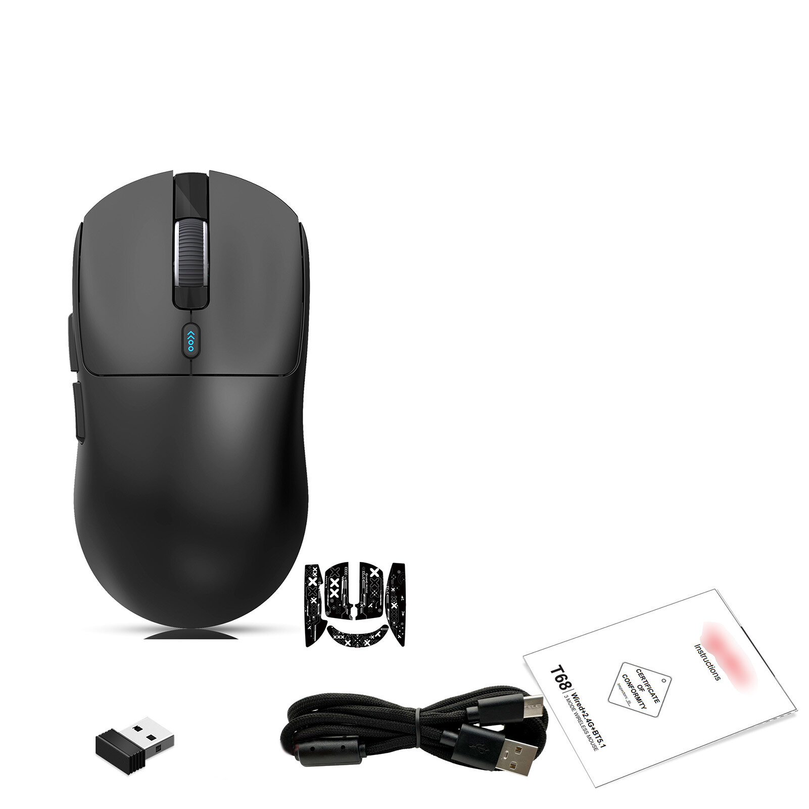 T68 Lightweight Mouse with 3 Modes Connectivity 2.4G/BT/Wired 6 Adjustable Speeds for Gaming Work Black