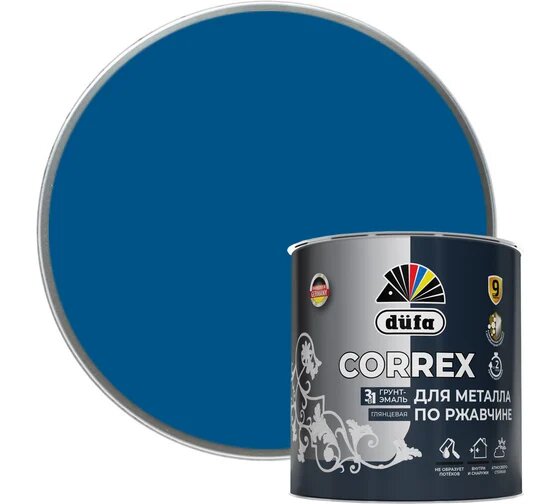 Dufa Грунт-эмаль по ржавчине гладкая Correx 3 в 1 RAL-5005 синий 2 л