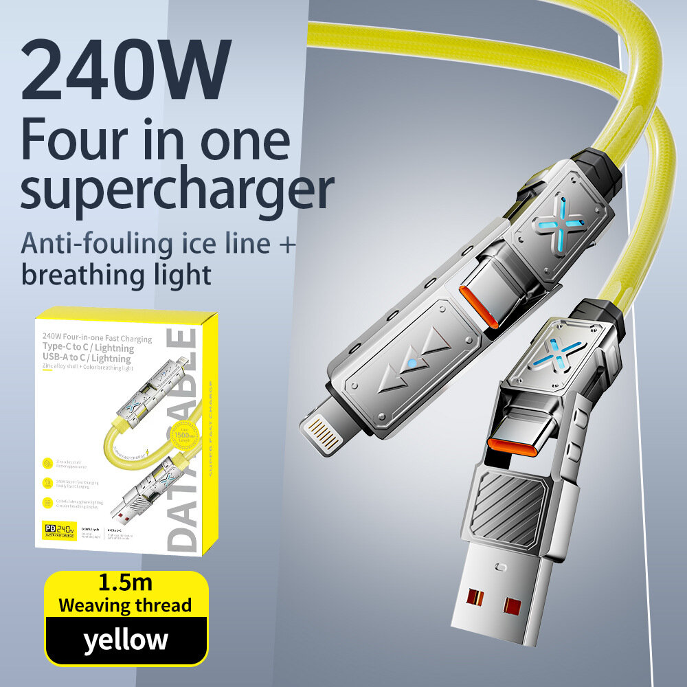 【Быстрая зарядка】Кабель для передачи данных 4-в-1 из цинкового сплава с супербыстрой зарядкой 240 Вт и цветной