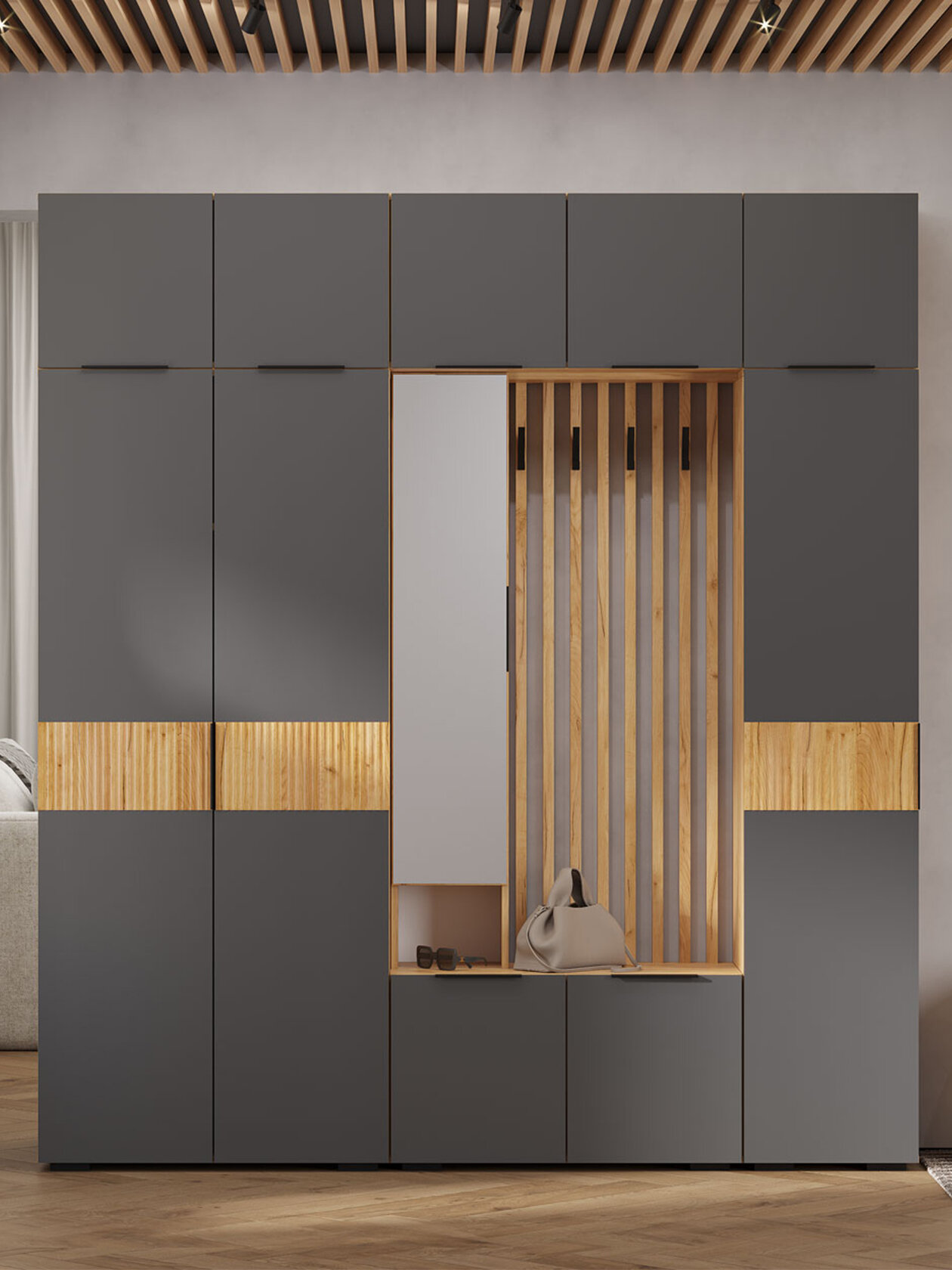 Прихожая комплект Роби Макси с вешалкой, со шкафами, с обувницей, с зеркалом, 200х35х222.6 см, Дуб Крафт золотой / Серый графит