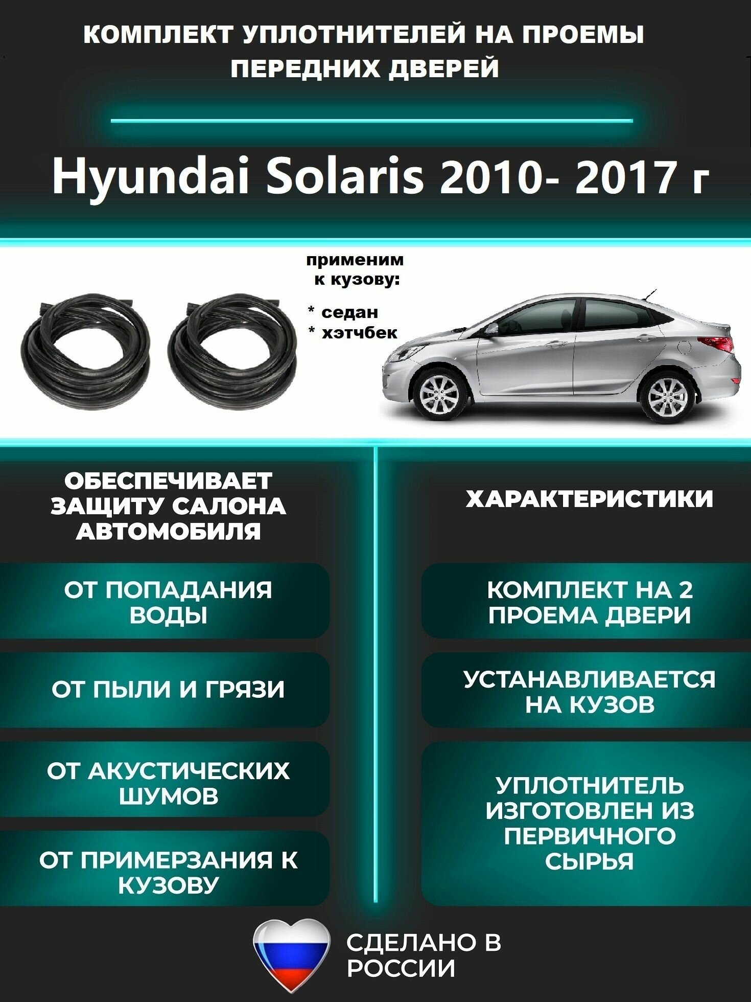 Комплект уплотнителей проема передних дверей на Hyundai Solaris 2010-2017 г, уплотнитель на водительскую и пассажирскую дверь Хендай Солярис (правую и левую)