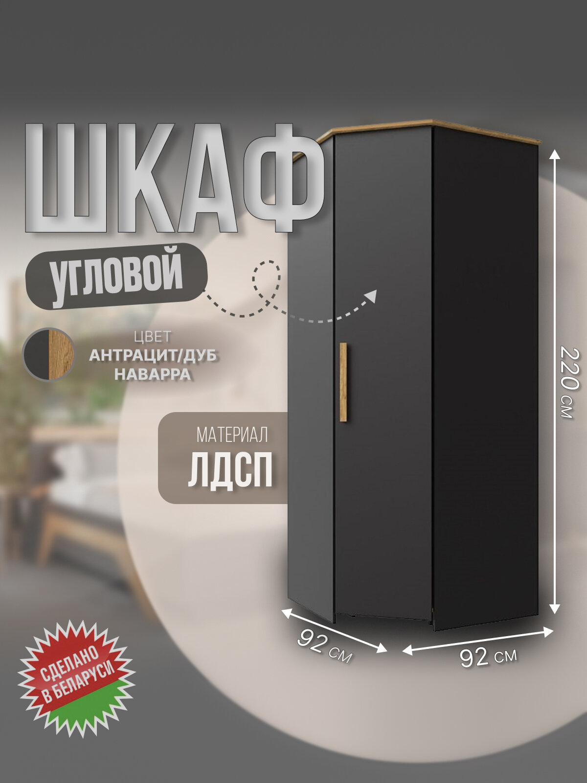 Шкаф угловой для одежды «Скандинавия» КМК 0905.12, в спальню, распашной, антрацит/дуб наварра