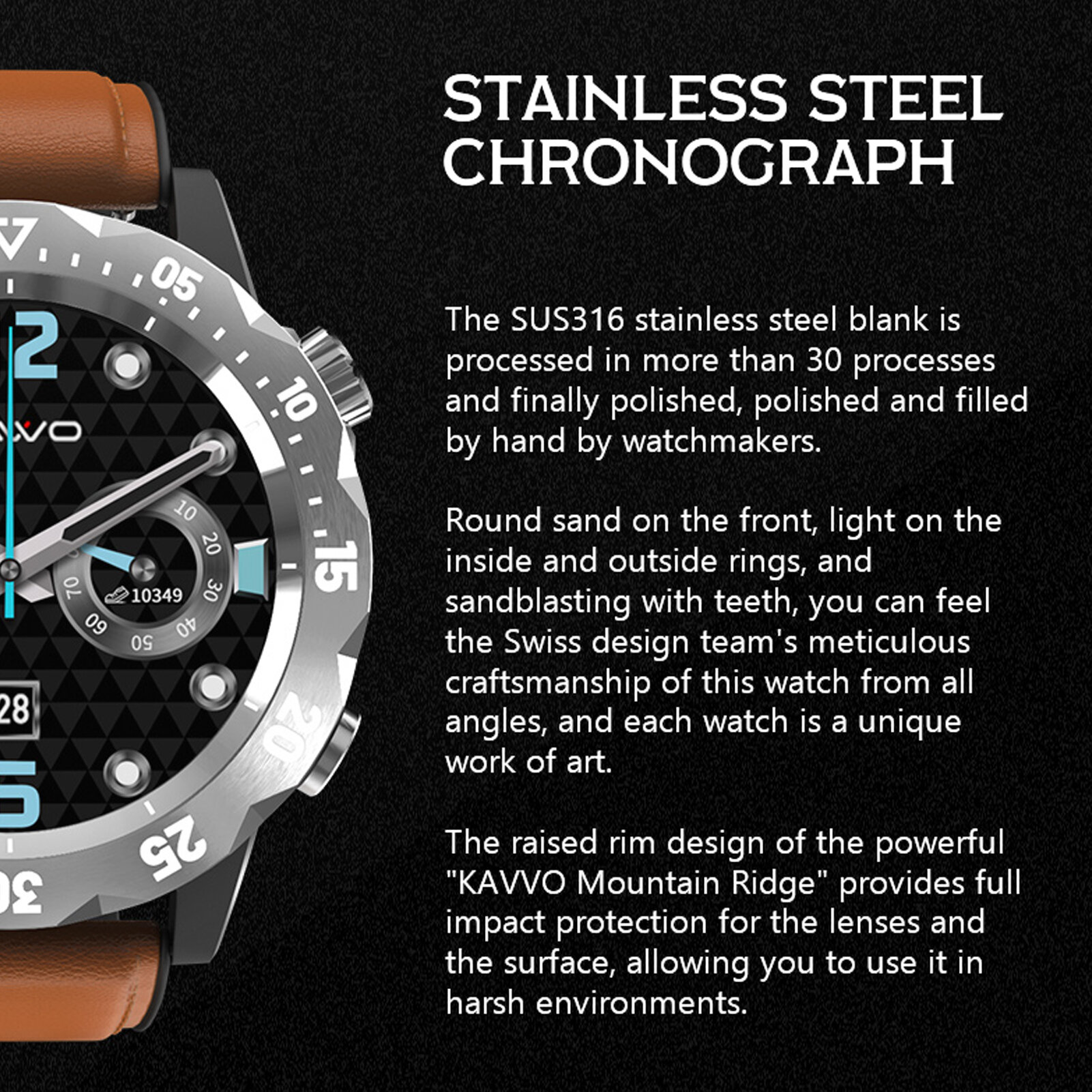 Смарт-часы KAVVO Oyster Urban: светящиеся, механический вращающийся безель, локальный вызов по BT, трекер активности, мониторинг пульса и кислорода в крови.