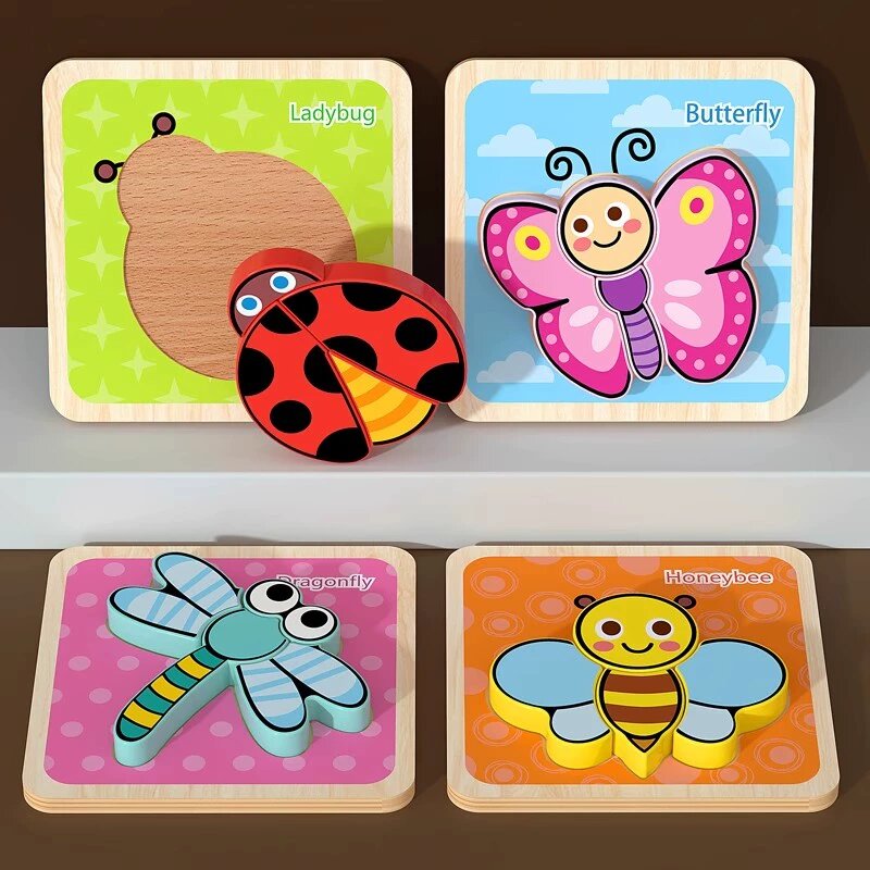 Деревянная 3D-головоломка с лесными животными для детей 2-3 лет, тема божья коровка, бабочка, стрекоза, пчела