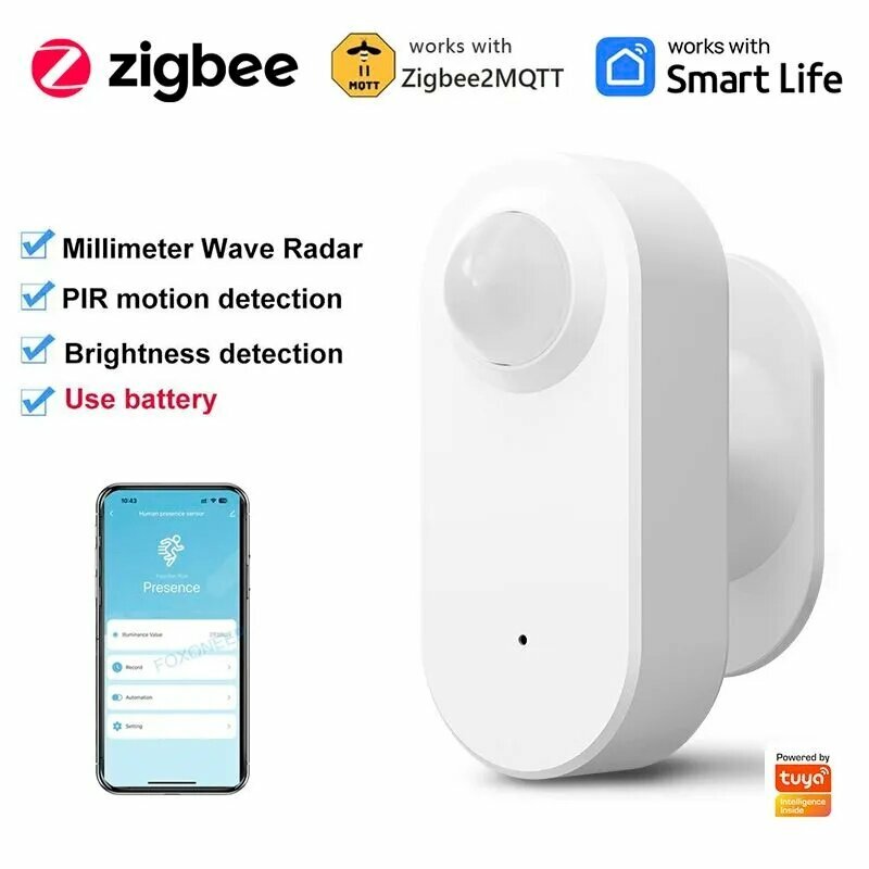 Умный датчик движения, Zigbee, микроволнвый радар, питание от аккумуляторов, дальность обнаружения до 1000см
