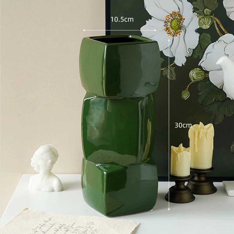 Геометрическая керамическая ваза в зеленом цвете, большой размер для декора гостиной, французский винтаж