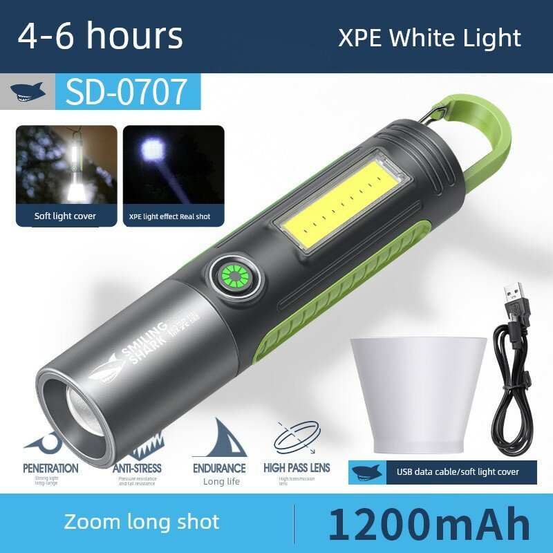 Смайл Шарк Переменная фокусировка светодиодного фонарика с чипом XPE, 1200 мАч батареи - компактный удобный фонарь для