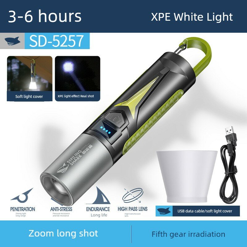 Многофункциональный светодиодный фонарь Smiling Shark Zoomable XPE с крючком, дальнобойный, для использования на улице,