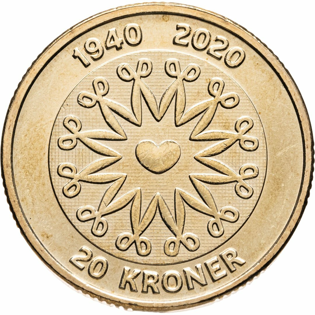 Дания 20 крон 2020 "80 лет со дня рождения Королевы Маргрете II", Мельхиор медь-никель, в сохранности UNC