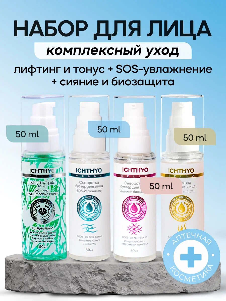 Набор ICHTHYONELLA для кожи вокруг глаз "SOS", 3 увлажняющих сыворотки и гидрогелевые патчи