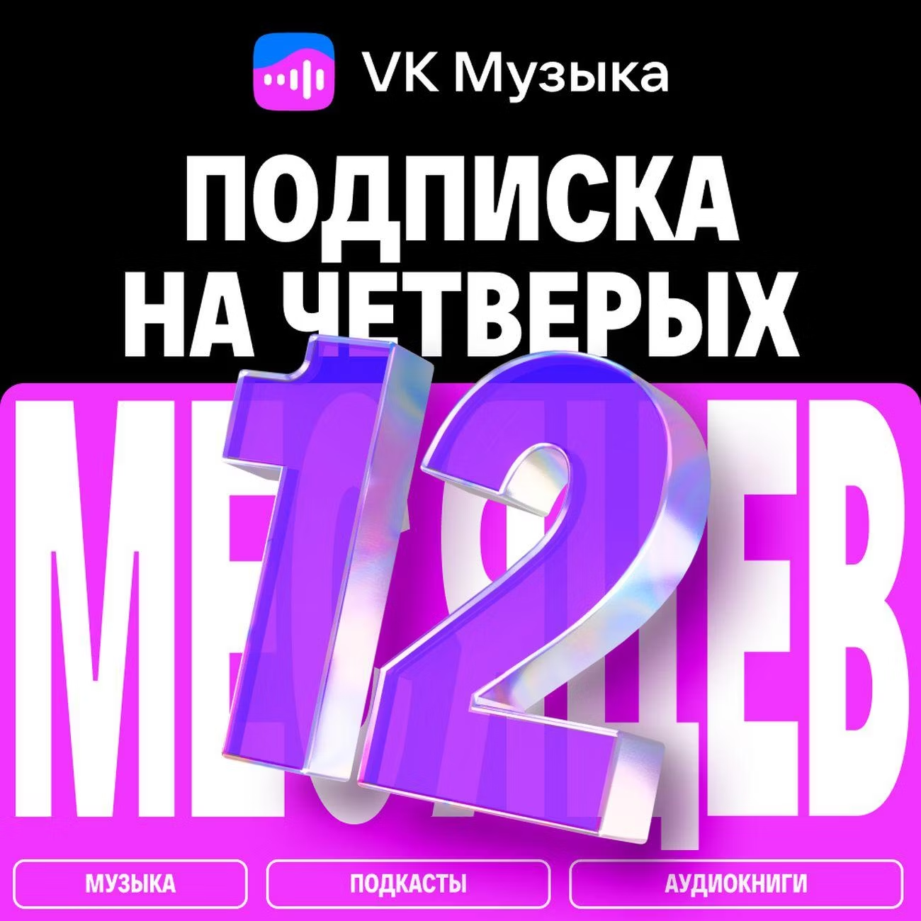 Подписка VK Музыка на четверых на 12 месяцев ( цифровой код/электронный ключ)