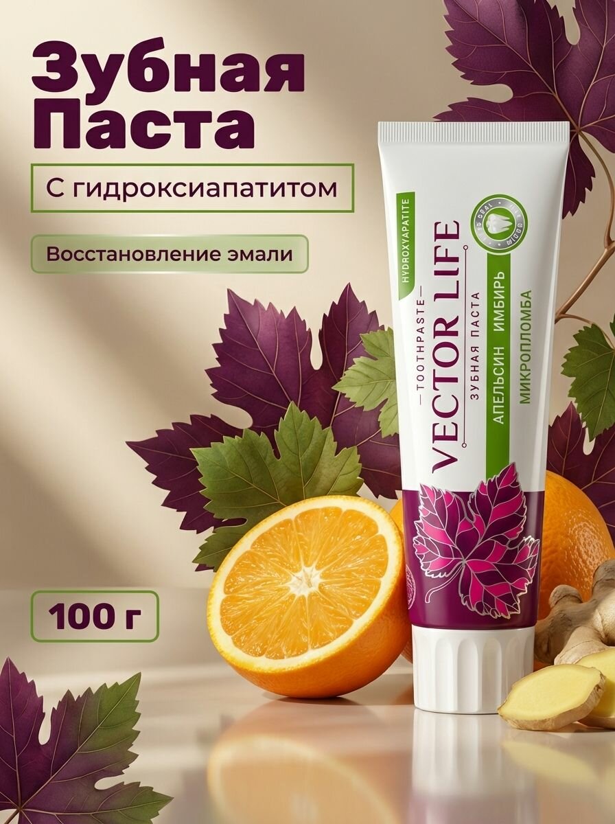Зубная паста Микропломба Vector Life с апельсином и имбирём, восстановление эмали, 100 г