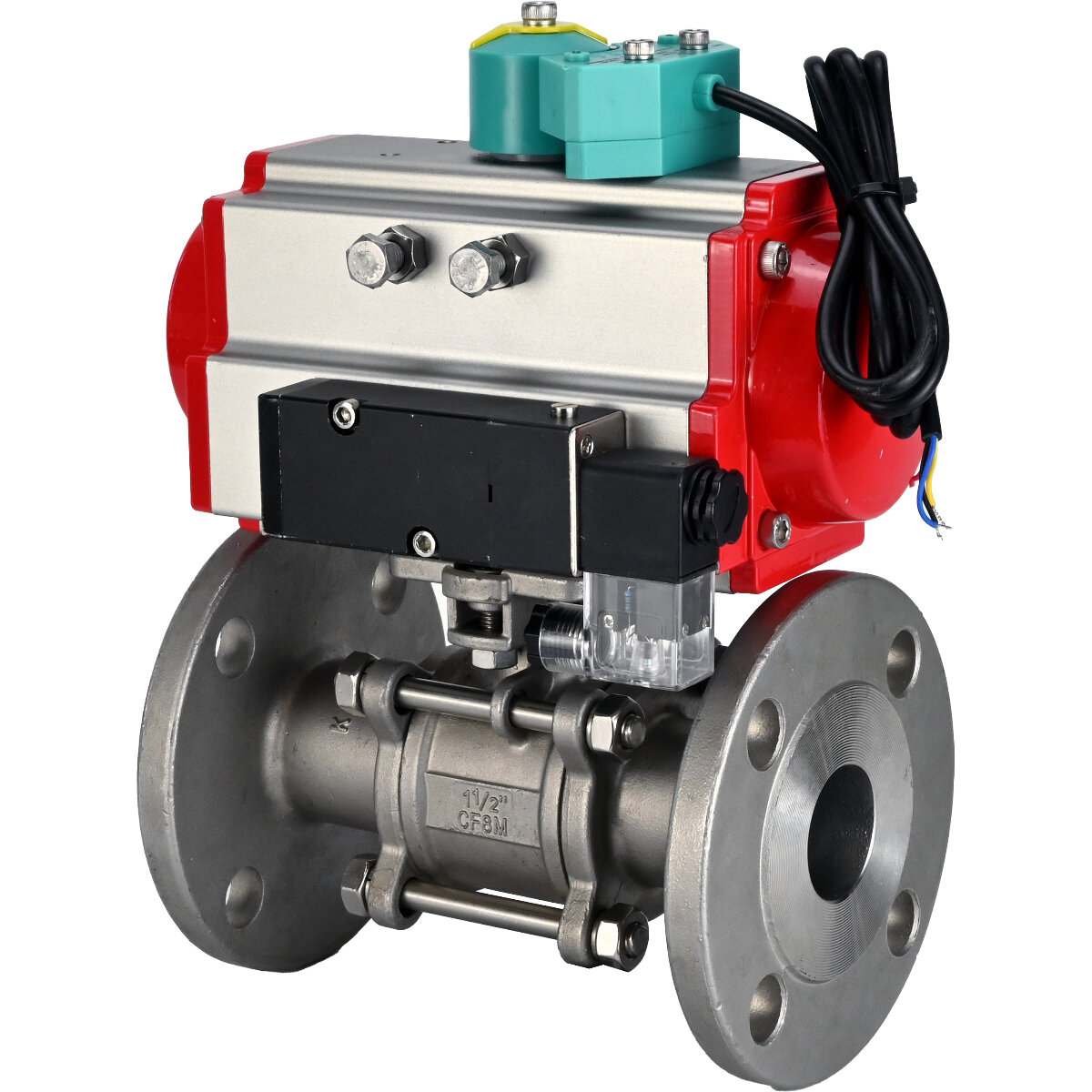 Кран шаровой DN.ru кшфпт-iso.304.180 Ду20 Ру40 полнопроходной трехсоставной, фланцевый, нержавеющая сталь 304, уплотнение - PTFE, с пневмоприводом SA-052, пневмораспределителем PND2-S1EM-52-1NC-J08-220VAC и магнитным переключателем МППП-200