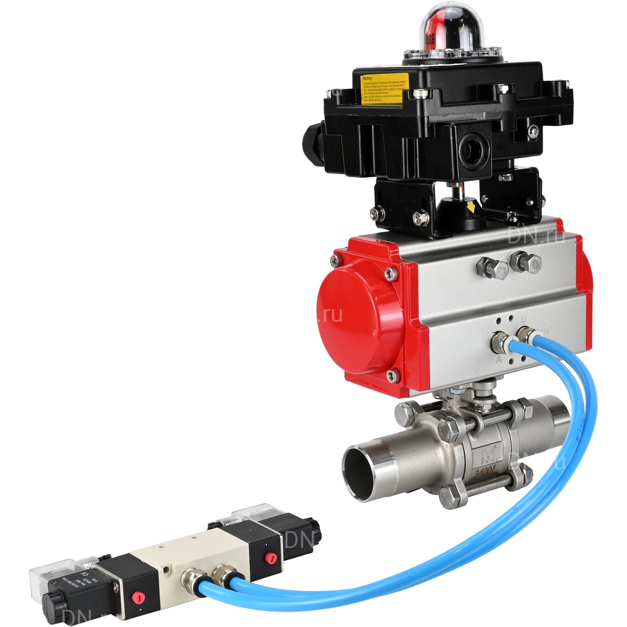 Кран шаровой DN.ru 304-304-PTFE-W-ISO-H Ду50 Ру40 полнопроходной, корпус - нержавеющая сталь 304, уплотнение - PTFE, под приварку, с пневмоприводом DA-083, пневмораспределителем PND1-S2EM-52-2-T10-220VAC и БКВ LSB-410-02ExM12-250