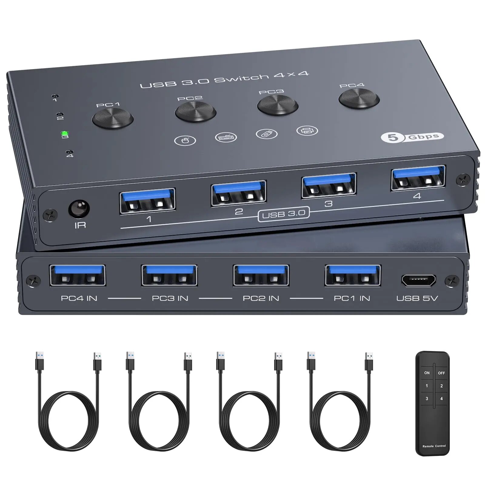 Переключатель USB 3.2 10 Гбит/с, 4 компьютера, 4 периферии, 4-портовый коммутатор USB 3.0 для мыши, клавиатуры, принтера с пультом дистанционного управления и кабелями