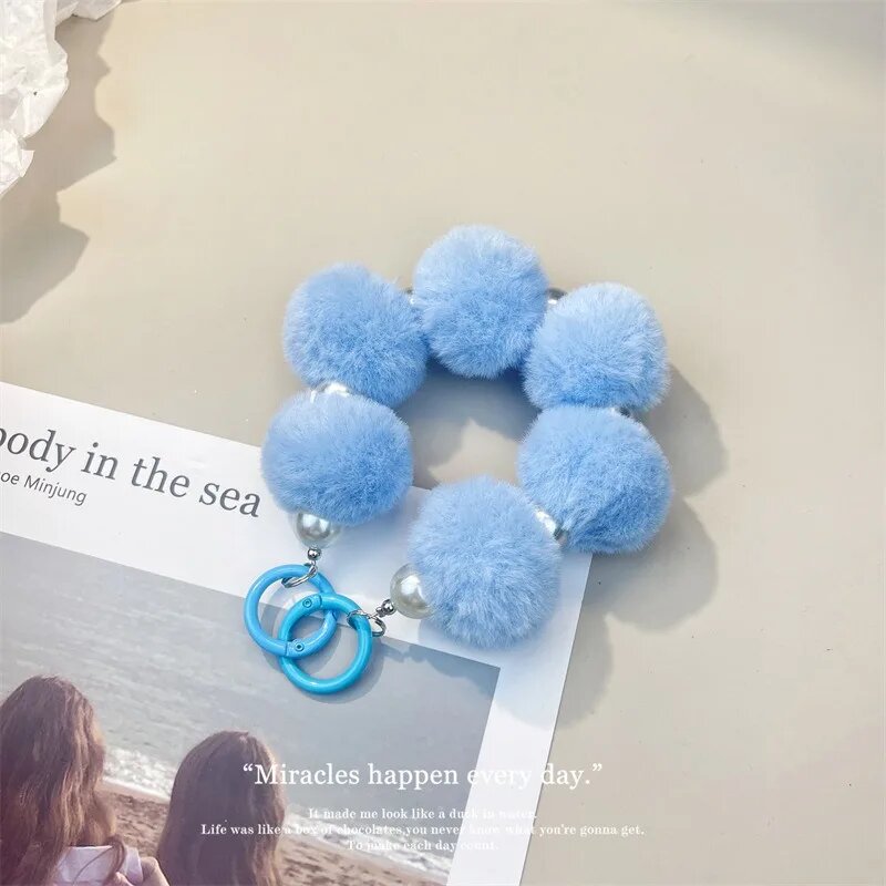 Подвеска для мобильного телефона милый пушистый шар ремешок для защиты от потери Браслет Blue