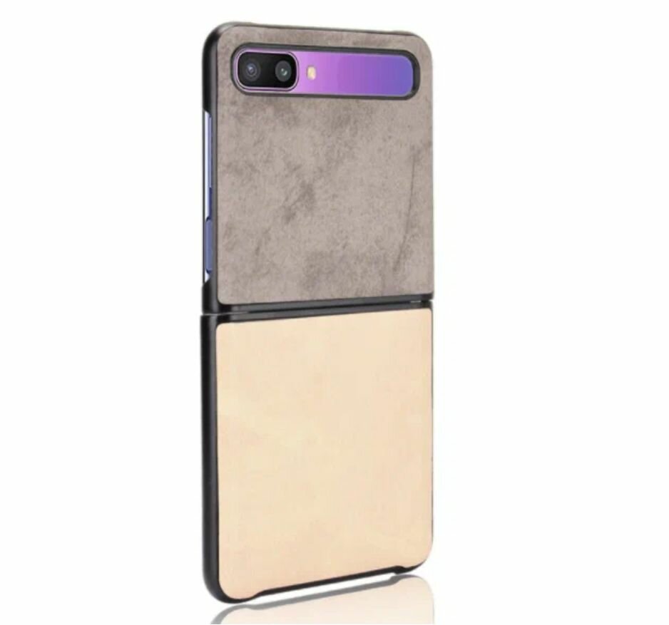 Задняя панель-крышка с матовым противоскользящим покрытием для Samsung Galaxy Z Flip SM-F700 , серая с вставкой из кожи