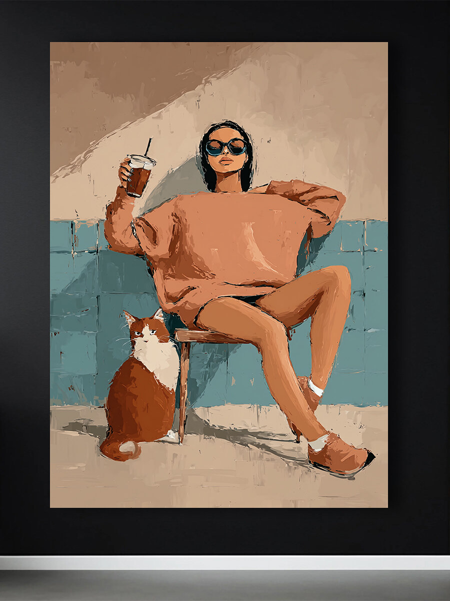 Картина на холсте - "Девушка и котики на отдыхе, дизайнерский арт на стену" , 30х40 см.