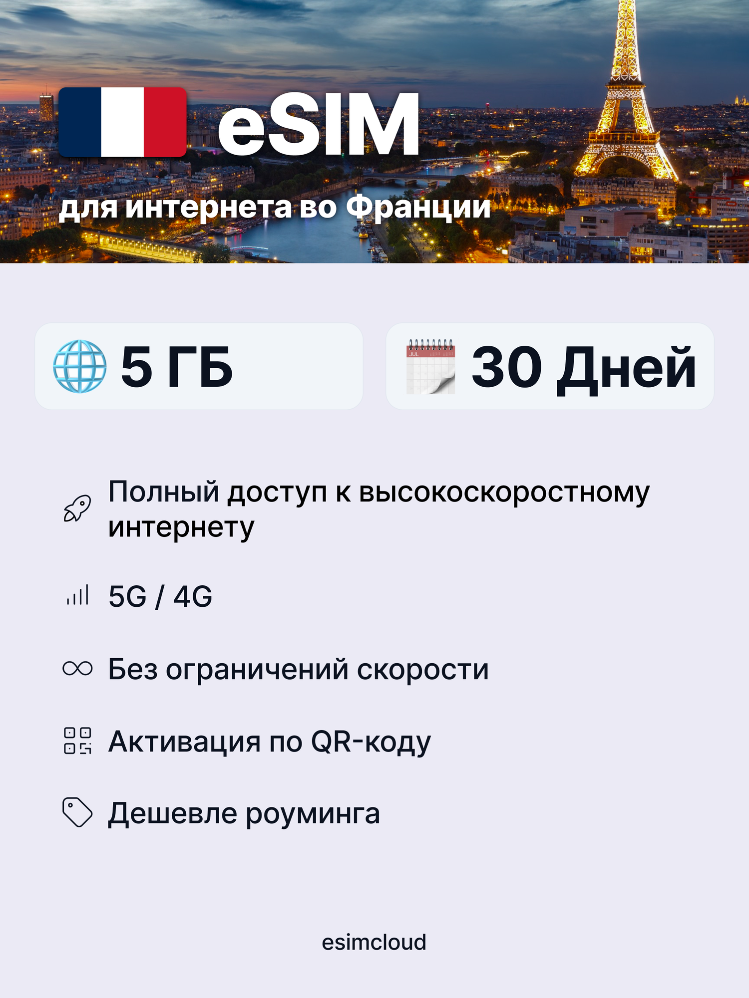 ESIM для Франции 5 ГБ / 30 дней • Мобильный интернет • Универсальная eSIM • 4G LTE / 5G • Смартфон и планшет