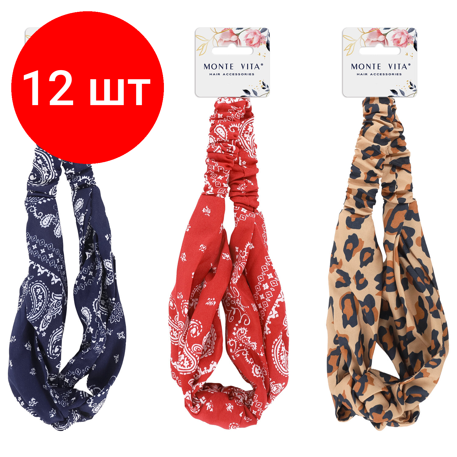 Комплект 12 шт, Повязка для волос "Чалма", ассорти, MONTE VITA 457126