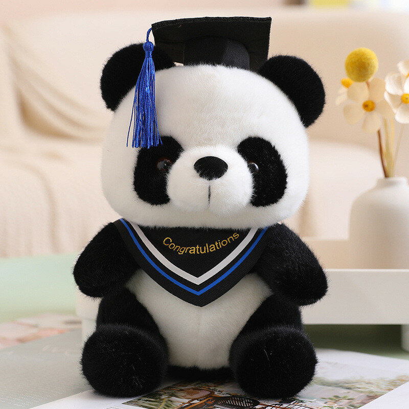 Graduate plush panda bear toy with doctor hat soft and lovable gift for graduates blue