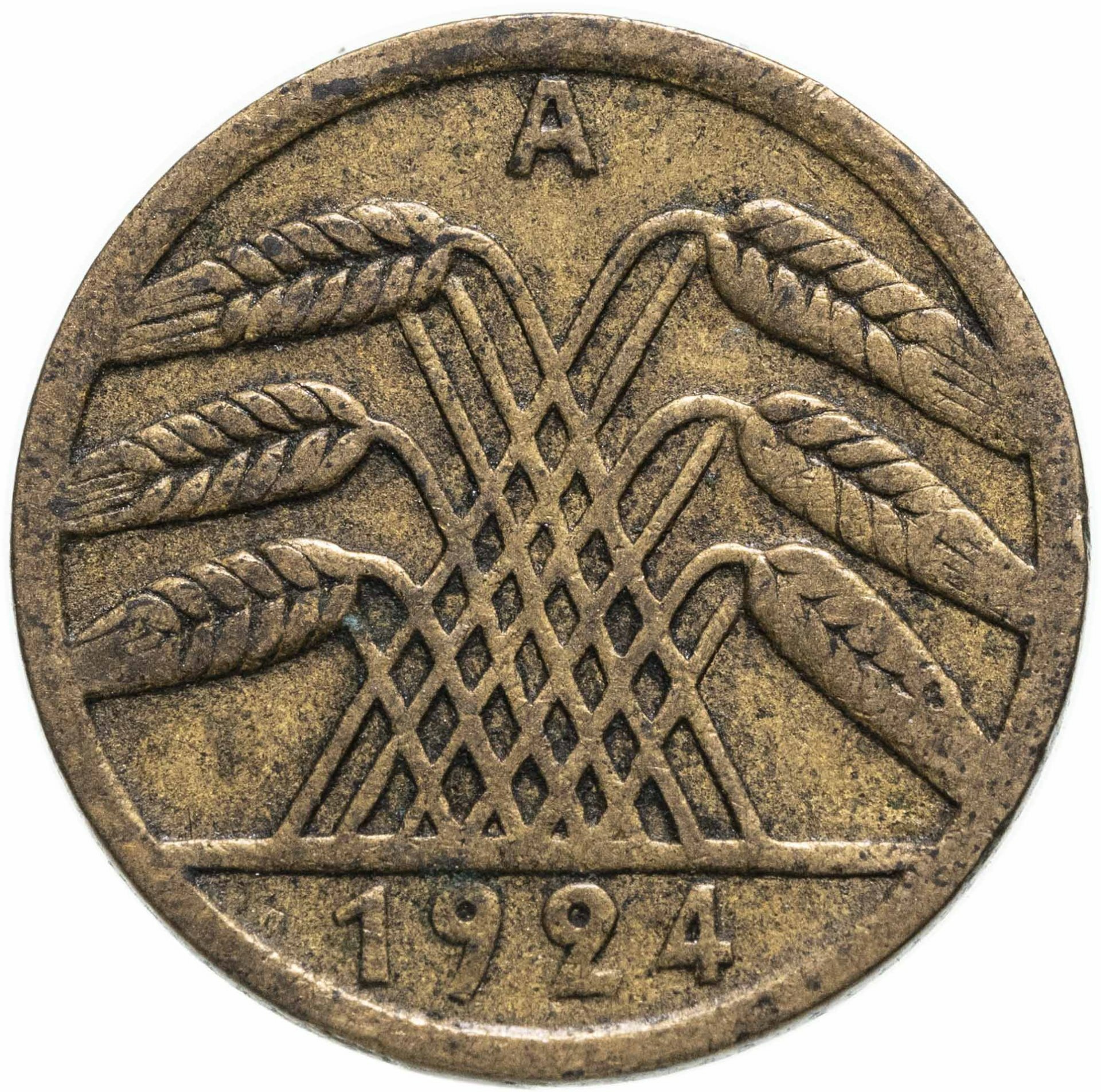 Германия 5 пфеннигов рентенпфеннигов, rentenpfennig 1924 A знак монетного двора "A" — Берлин, Бронза, в сохранности VF