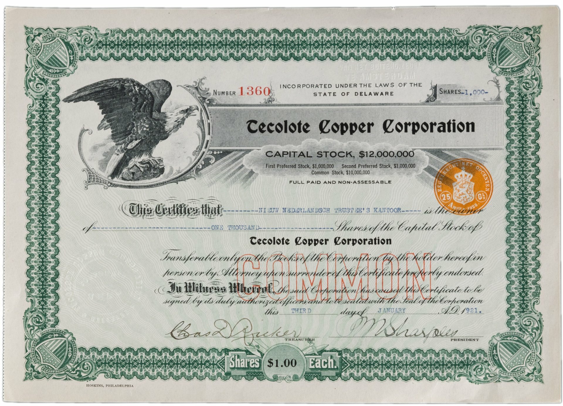 Акция США TECOLOTE COPPER CORPORATION 1921