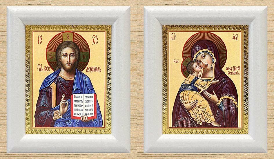 Венчальная пара "Спаситель-Владимирская" (лики № 001-011), две иконы в белых деревянных рамках 8*9,5 см