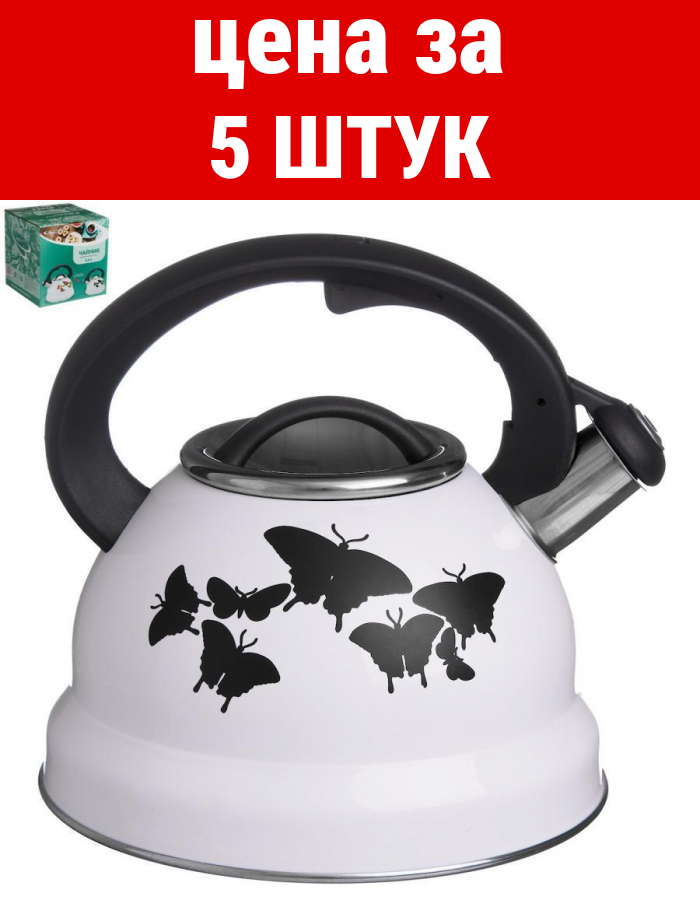 Комплект 5 шт, чайник нерж 2.5Л индукция меняет цвет бабочки катунь