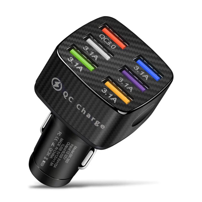 6-портовое автомобильное зарядное устройство с быстрой зарядкой QC3.0, матовым черным дизайном и светодиодной