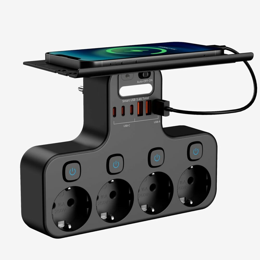 Многофункциональная розетка 4000 Вт, европейский стандарт, умный ночник, индивидуальный выключатель, вилка европейского стандарта, сетевой фильтр на 4 розетки с держателем для телефона, 2 порта USB-A, 2 порта USB-C.