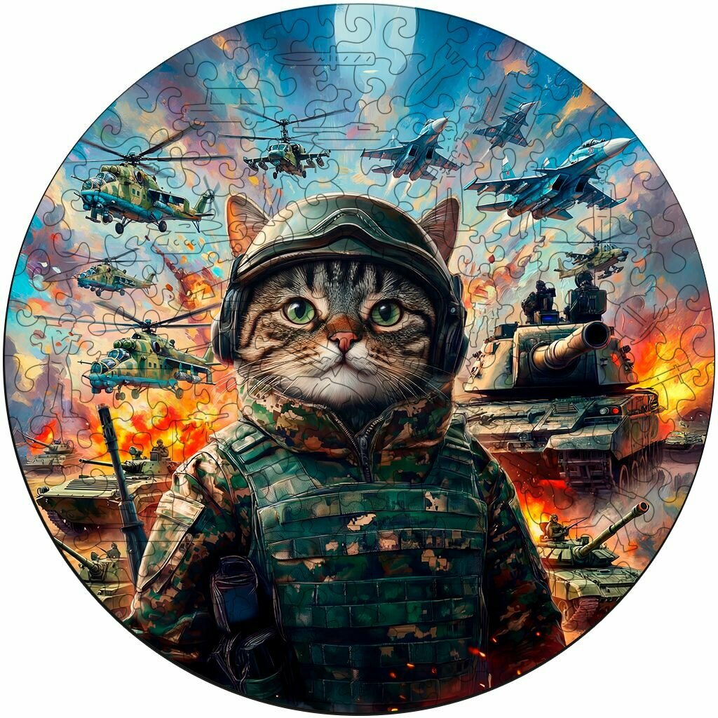 Деревянный пазл BoberBox "Военный котик", круг 30 см