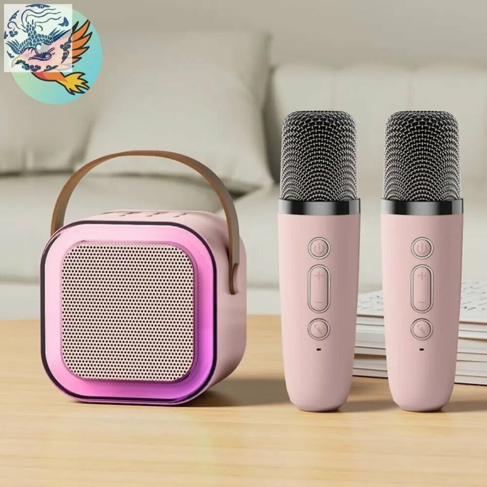 Мини караоке система портативная с Bluetooth, 2 микрофонами и светом, колонка для пения. Для всех смартфонов. Идеально для Дня Рождения, семьи, домашних вечеринок