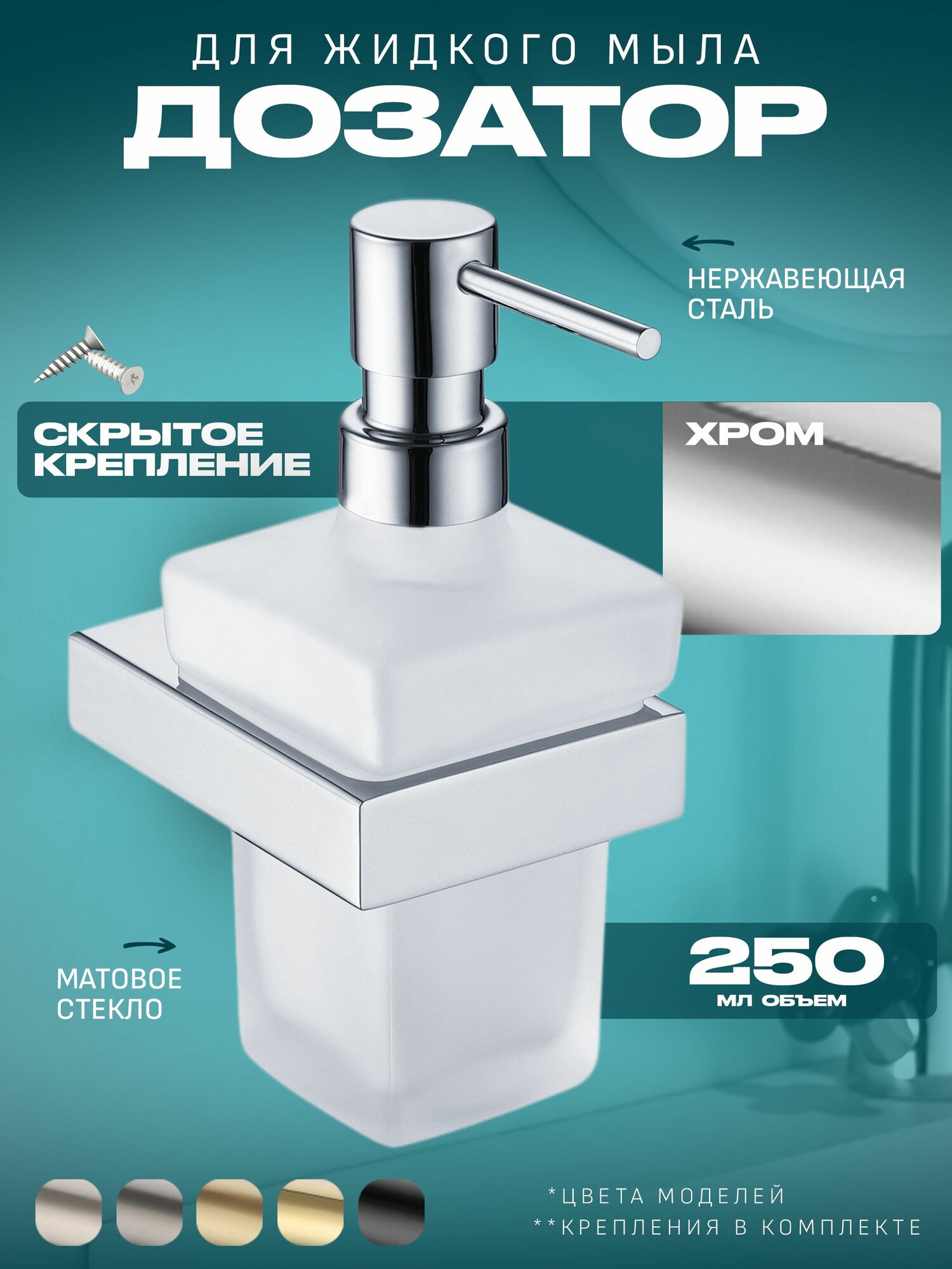 Дозатор-диспенсер для мыла/шампуня/геля для душа настенный из стекла 250 мл Grocenberg (Хром)