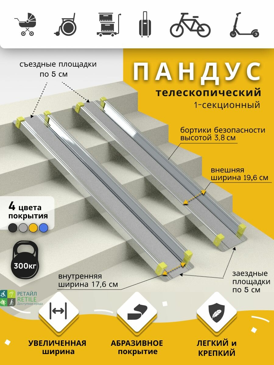 Пандус 50 см 1-секционный Антислип, серый (рабочая длина 40 см + 2 опор. площадки по 5 см)